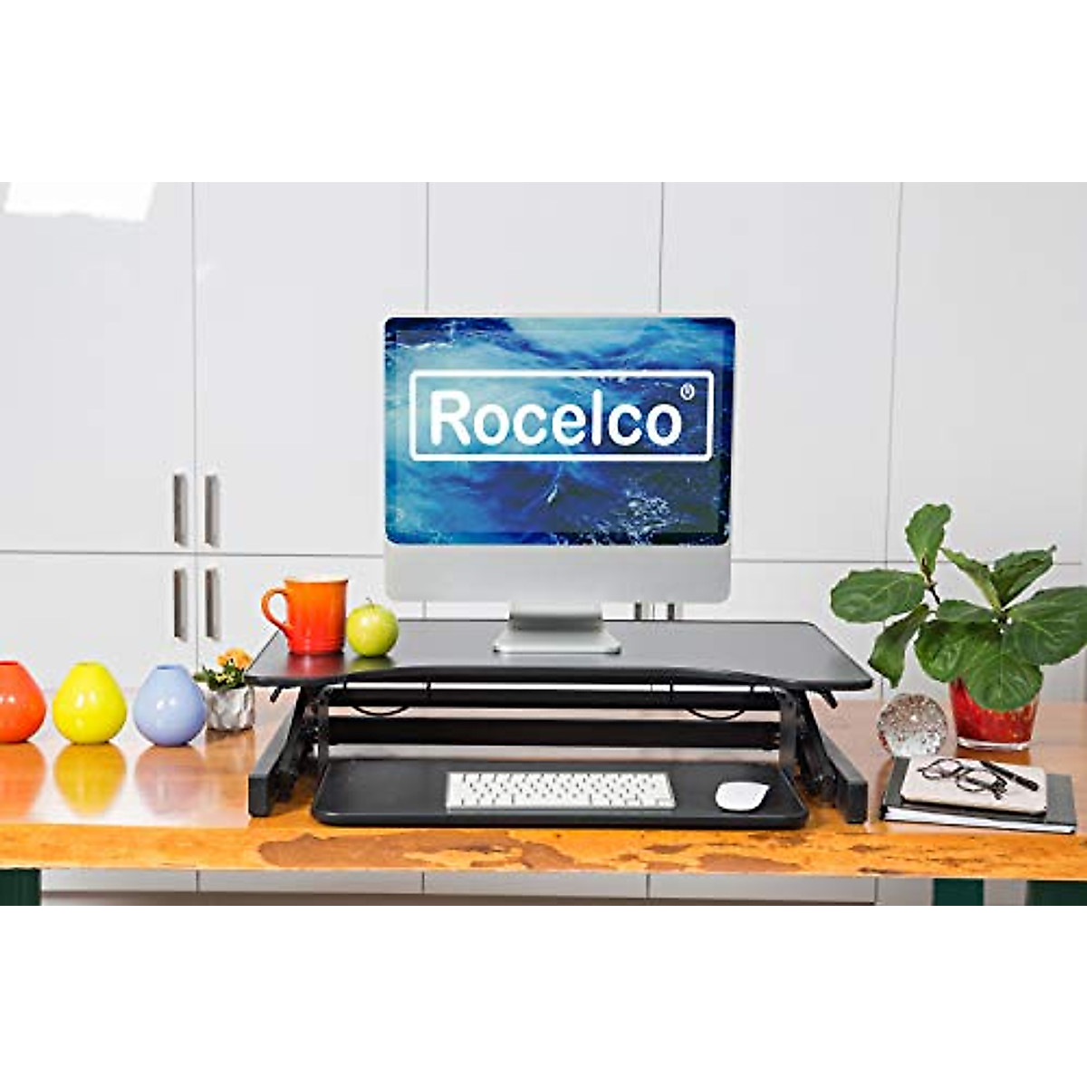 Rocelco 32" Height Adjustable Standing Desk Converter - Quick Sit Stand Up Dual Monitor Riser - Gas Spring Assist Tabletop Computer Workstation - Large Retractable Keyboard Tray - Black (R ADRB)