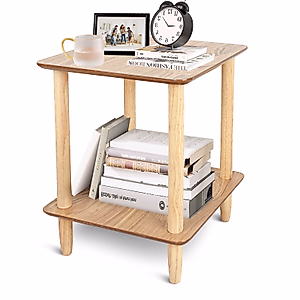 ECOMEX Patio Side Table, Outdoor End Table for Patio with 2-Tier Open Storage Shelf Wood Frame Side Table Rectangular Patio Side Table for Outdoors, Easy Assembly Natural Wood 1Pc