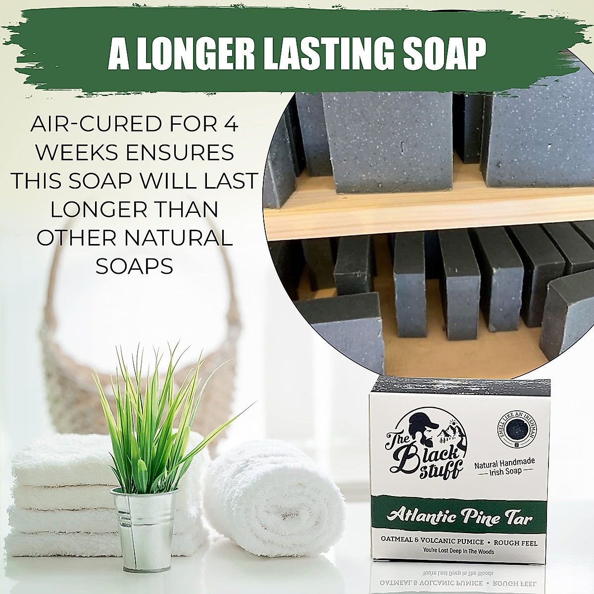 The Black Stuff Pine Tar Soap - Mens Bar Soap Made with Pine Tar, Organic Ingredients and Essential Oils - Handmade Cold Process Body Soap for Men - Moisturizing and Cleansing organic Bath Soaps