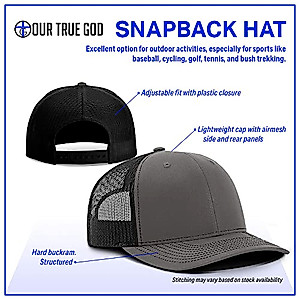 Our True God Faith Over Fear Leather Patch Back Mesh Hat Christian Motivational Baseball Cap (Charcoal Front/Black Mesh), Medium-Large