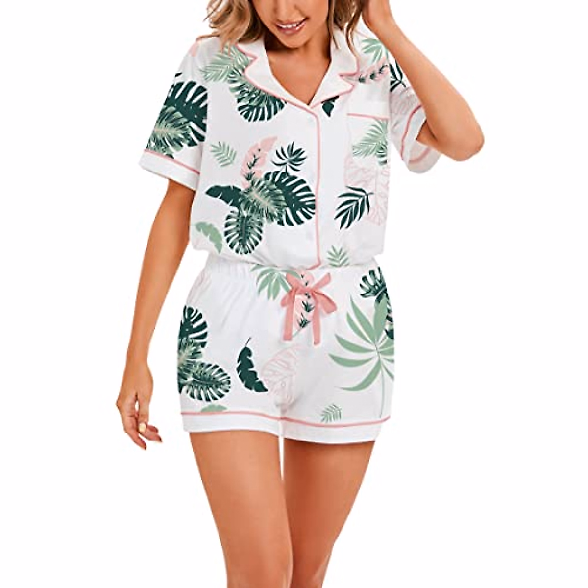 LUBOT 100% Cotton Women's Pajamas Set Short Sleeve Button-Down Shirt PJ Two-piece Set Printed Patterned Summer Night Suit Sleepwear Loungewear (Leaves, M)