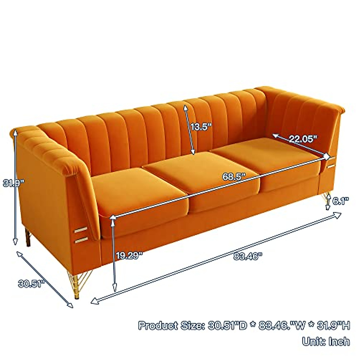 Kadway Velvet Sofa Couch for 3-4 Persons, 83" Mid-Century Modern Couch with Gold Metal Legs, Chesterfield Sofa 3 Seater Sectional Couches, Large Load Sofa Couch for Living Room Office Hotel Orange