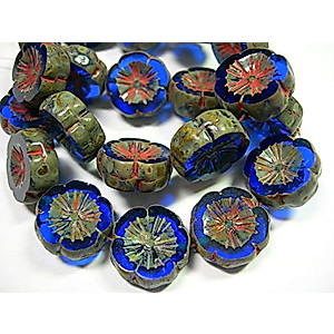 10 Beads - Sapphire Blue Picasso Czech Glass Flower Beads 14mm