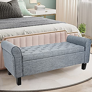 Babion Storage Bench for Bedroom End of Bed,Linen Ottoman Bench with Storage and Arms,Upholstered Fabric Storage Bench with Button Tufted,Large Storage Bench for Bedroom, Bench Linen Dark Gray