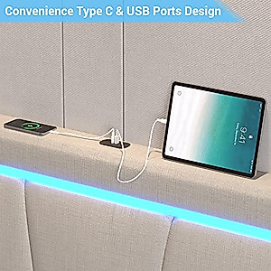 DICTAC Queen Bed Frame with LED Headboard and 4 Storage Drawers Upholstered Platform Bed Frame with USB Ports and Led Lights Modern Queen Size Led Bed Frame,Linen Fabric,No Box Spring Needed,Off White