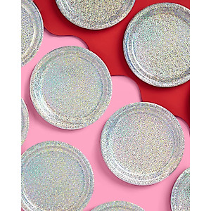 xo, Fetti Holographic Foil Plates - 25 pack | Happy Birthday Party Decorations, Holiday Party, Cool Cake Plates, Silver Bachelorette Disposable Party Plates