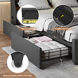UPOSOJA Upholstered Full Size Bed Frame with 4 Storage Drawers,RGB LED Light,Charging Station,Slat Support,No Box Spring Needed,Noise-Free,Easy Assembly,Dark Grey