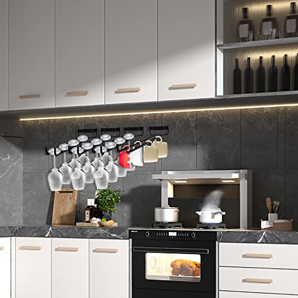 Oppro 4 Pack Wine Glass Holder, Metal Wall Mounted Glass Rack Holds 16 Red Wine Glass with Screws and 8pcs Wine Charms, Multifunctional Iron Hanging Storage Rack Under Cabinet, Black 4 Rows