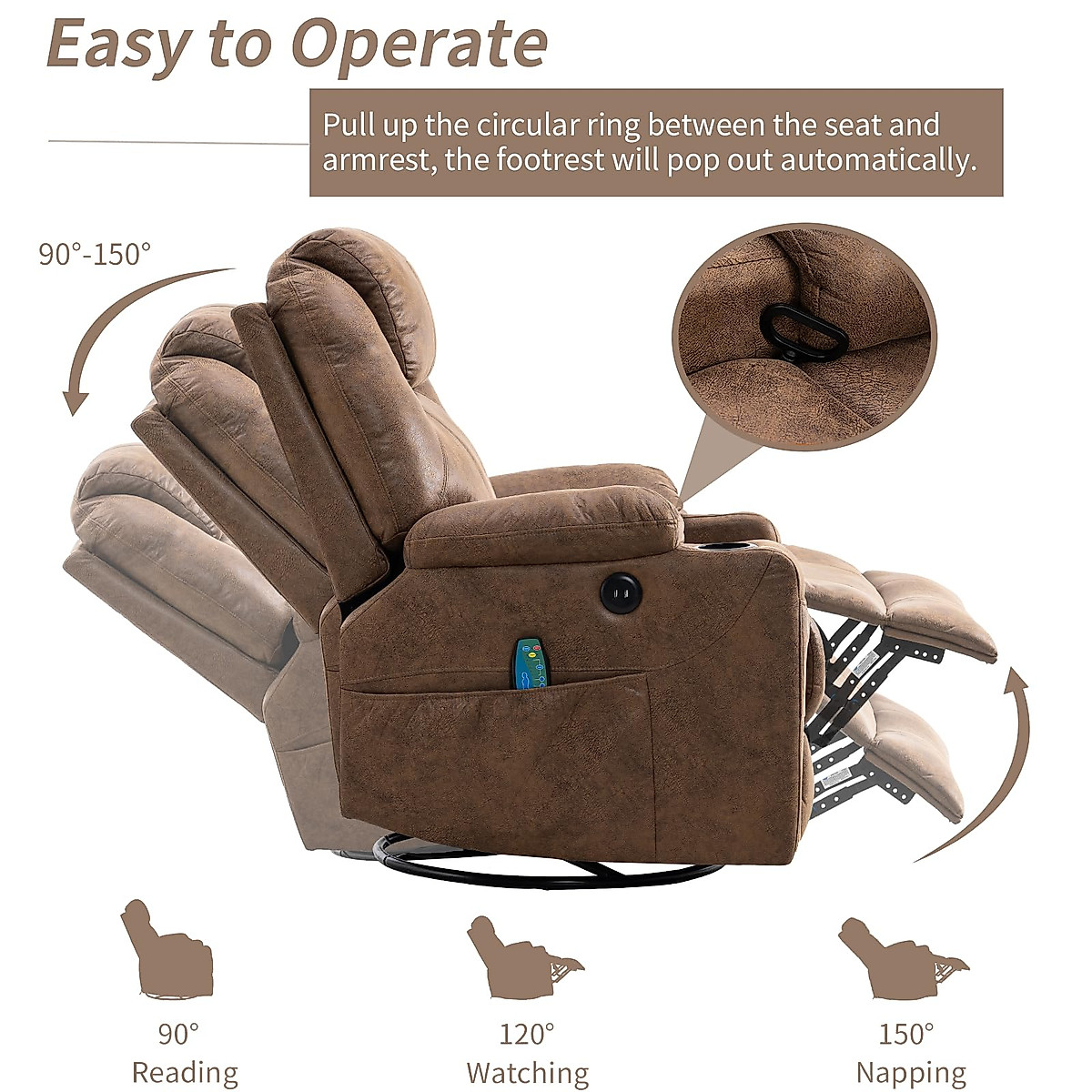 EPICOZY Manual Swivel Rocker Recliner with Heat and Vibration, 360° Swivel Glider Massage Lounge Chair, Ergonomic Single Sofa Recliner with 2 Cup Holders Side Pockets & USB Port, Brown