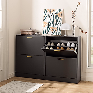 LYNSOM Shoe Cabinet, Free Standing Tipping Bucket Shoe Rack Organizer with 2 Flip Drawers, Modern Entryway Shoe Storage with Top Display, Narrow Slim Hidden Shoe Cabinet (Black)