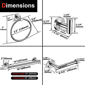 5 Pieces Brushed Nickel Bathroom Hardware Set Include 16inch Towel Bar,2pcsTowel Hooks,Toilet Paper Holder,Hand Towel Ring Round SUS304 Stainless Steel Bathroom Accessories Set Heavy Duty Wall Mounted
