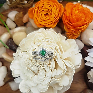 Dazzlingrock Collection 14k Round Emerald & White Diamond Women Halo Bridal Engagement Ring Set, White Gold, Size 5.5