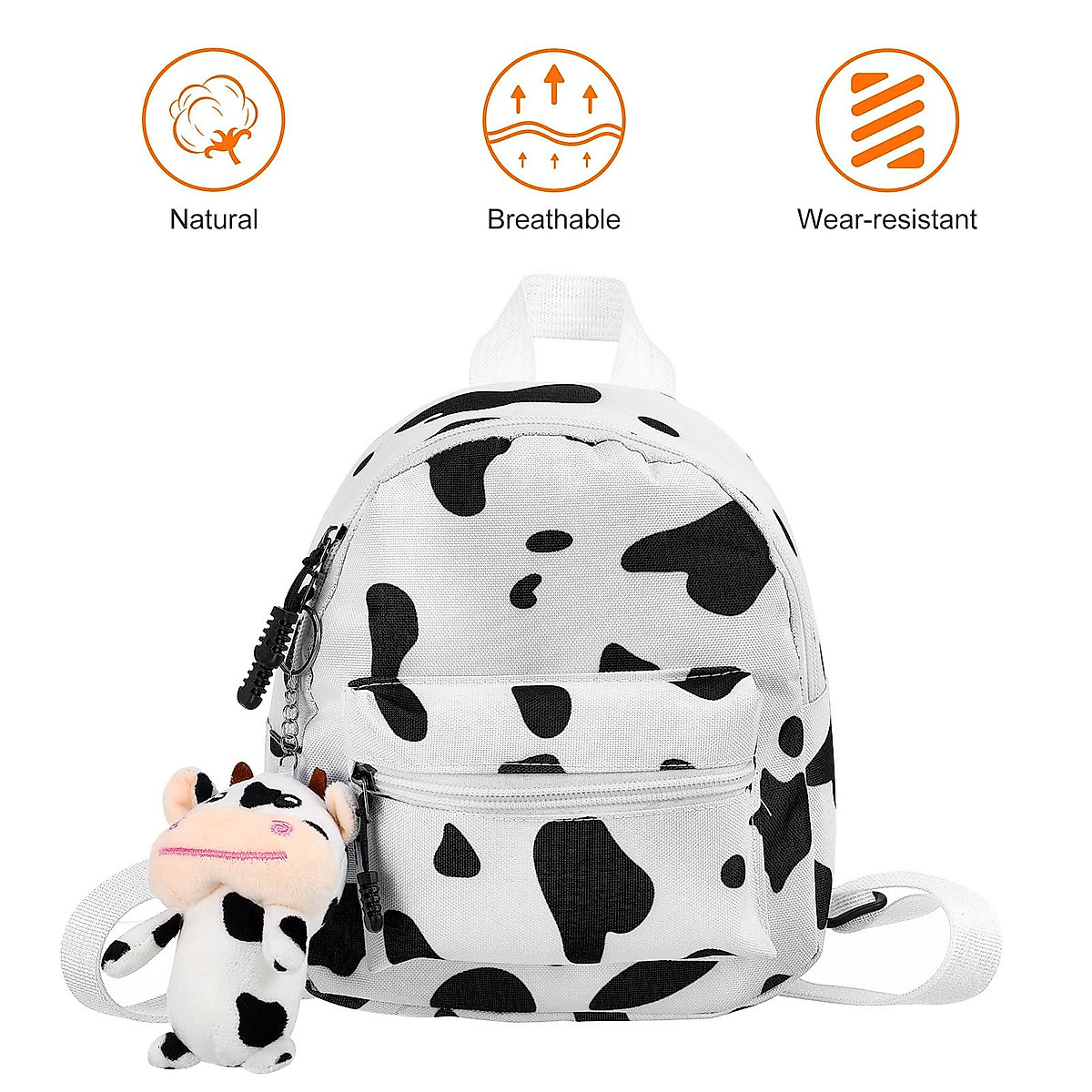 TENDYCOCO Cow Backpack with Plush Cow Pendant Canvas Cow Print Backpack Cow Print stuff Cow Gifts for Women Mini Backpack for Women