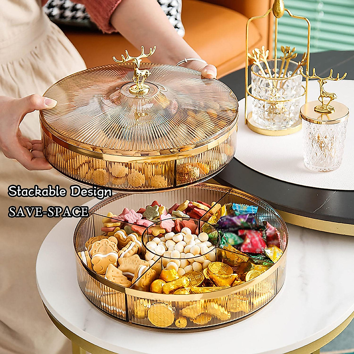 WMGoods Large Capacity Acrylic Serving Tray with 5 Compartments, Amber, 20"