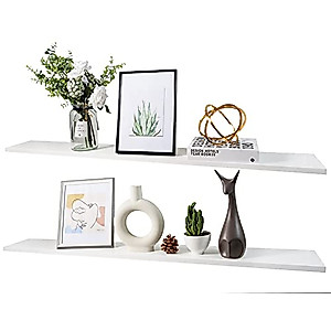 Long Floating Shelf 48 Inch White Floating Shelf for Wall Set of 2, Durable Natural Wood Oak Floating Shelf for Bedroom Bathroom, Easy Assembly, Classic Design, White, 48 *6 *0.8(Not for Drywall)