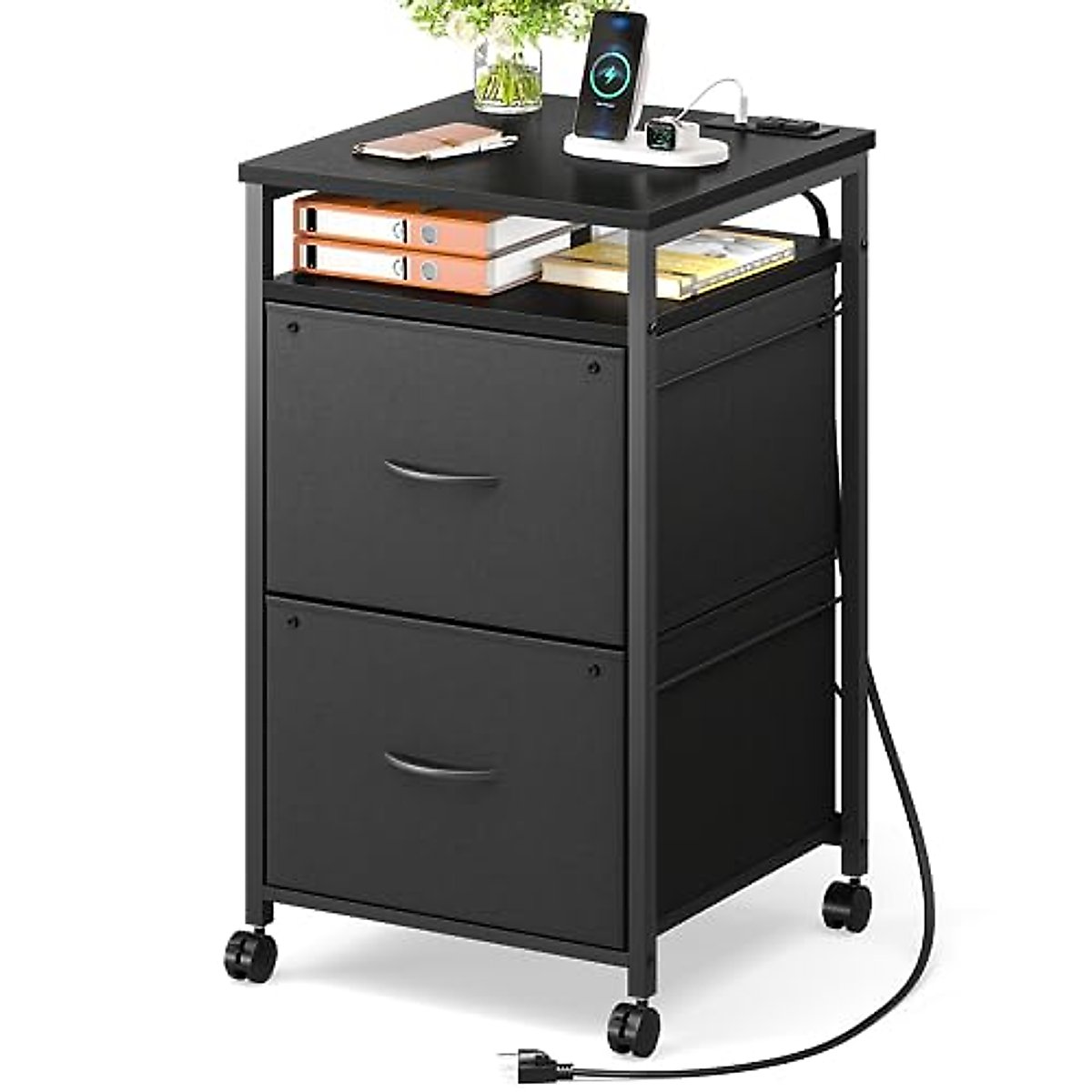 Uliyati File Cabinet, Fabric Filing Cabinet with Socket & USB Charging Port, Vertical Rolling Printer Stand with 2 Drawers, Mobile Filing Cabinet with Open Shelf, A4 or Letter Size, for Home Office