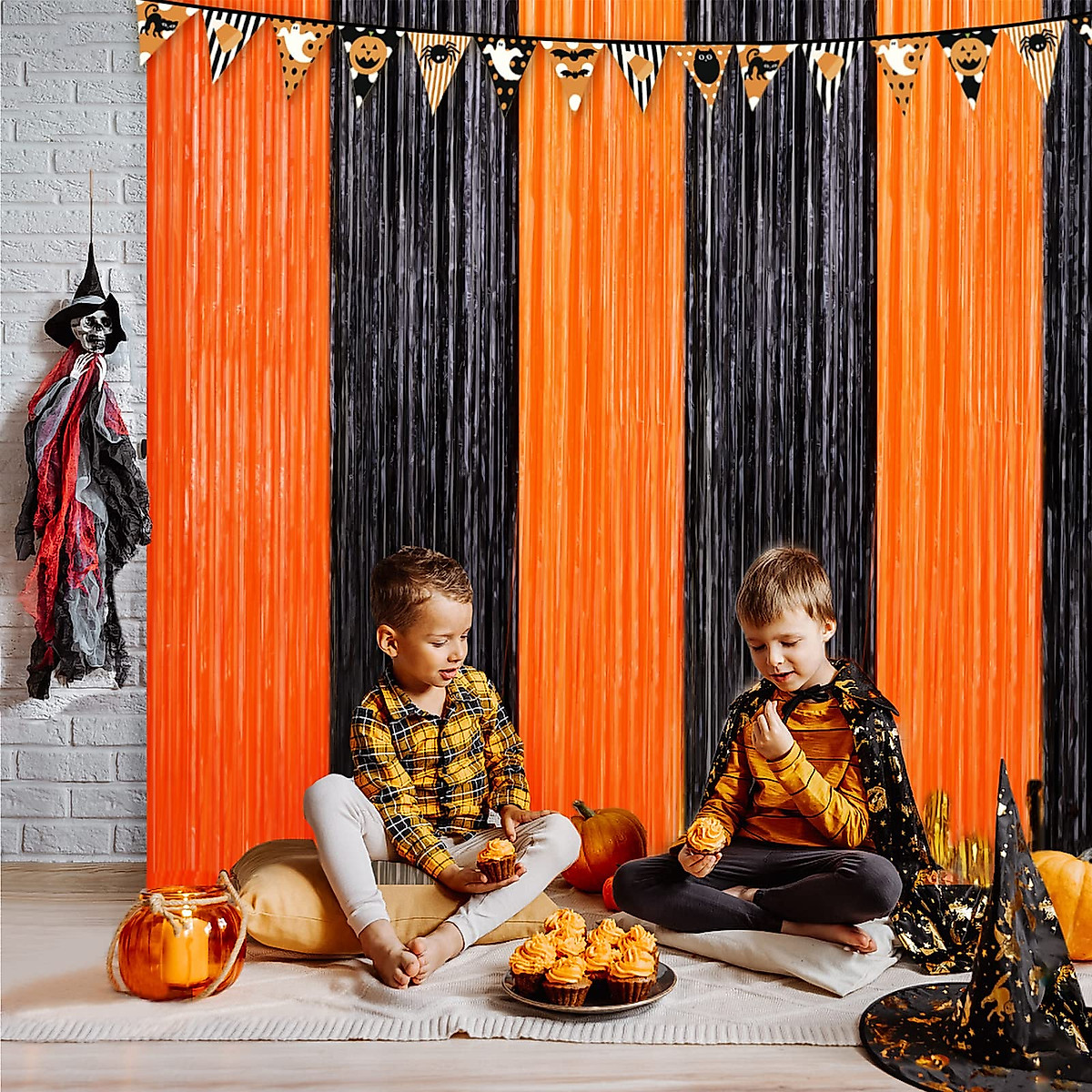 2 Pack Black and Orange Tinsel Foil Fringe Curtains, Halloween Party Photo Backdrop Streamers Backdrop for Birthday Anniversary Party Halloween Party Decoration