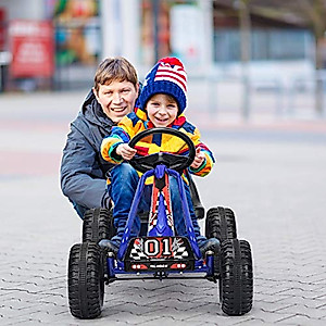 HONEY JOY Go Kart for Kids, 4 Wheel Pedal Powered Go Cart with Steering Wheels & Adjustable Seat, Safety Hand Brake, Non-Slip Tires, Outdoor Off-Road Racer Ride On Pedal Car for Boy Girl (Blue)