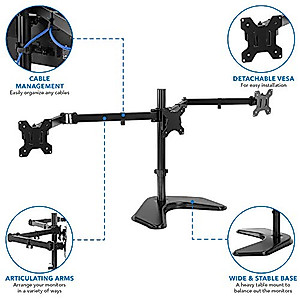 Mount-It! Triple Monitor Stand - Freestanding Computer Desk Mount Fits Up to 27 Inch Monitors, VESA 75, 100 Compatible