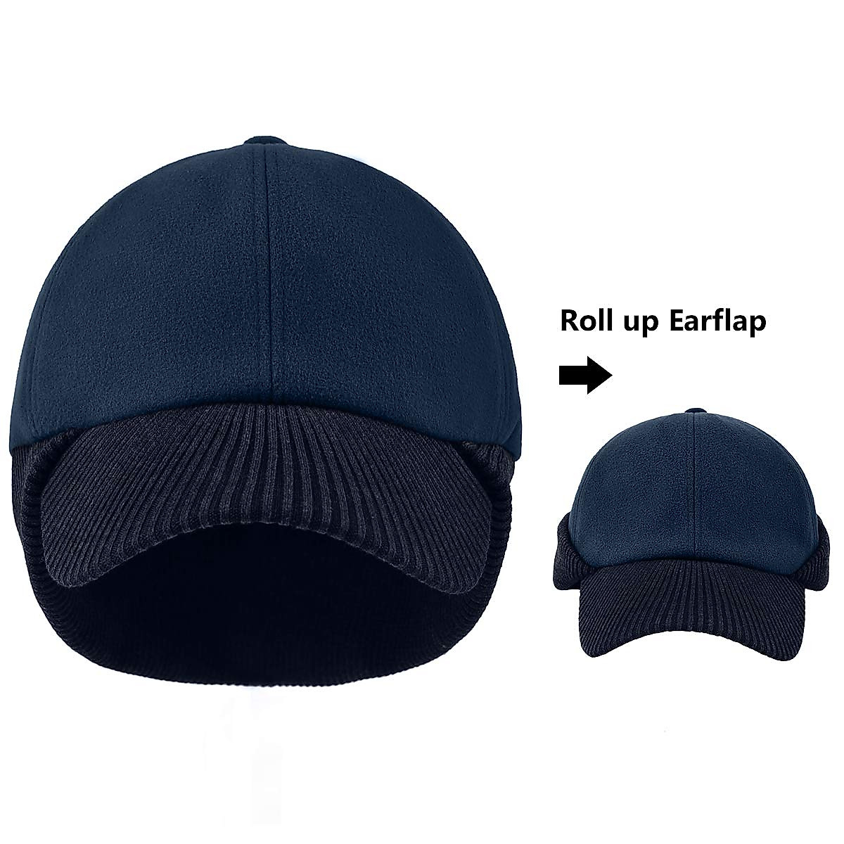 LCZTN Wool Winter Baseball Cap with Warmer Earflap for Men ＆ Women Outdoor Ski Visor Beanie Hat (Navy Blue)