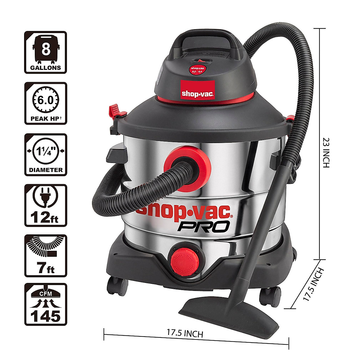 Shop-Vac 8 Gallon 6.0 Peak HP Wet/Dry Vacuum, Stainless Steel Tank, Portable Shop Vacuum with Multifunctional Attachments for Jobsite, Garage & Workshop. 5989400