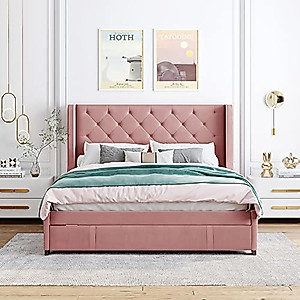 EMKK Queen Bed Frame with Storage Drawers and Wingback Headboard, Upholstered Platform Bed with Velvet Design, Strong Wooden Slats Support, No Box Spring Needed