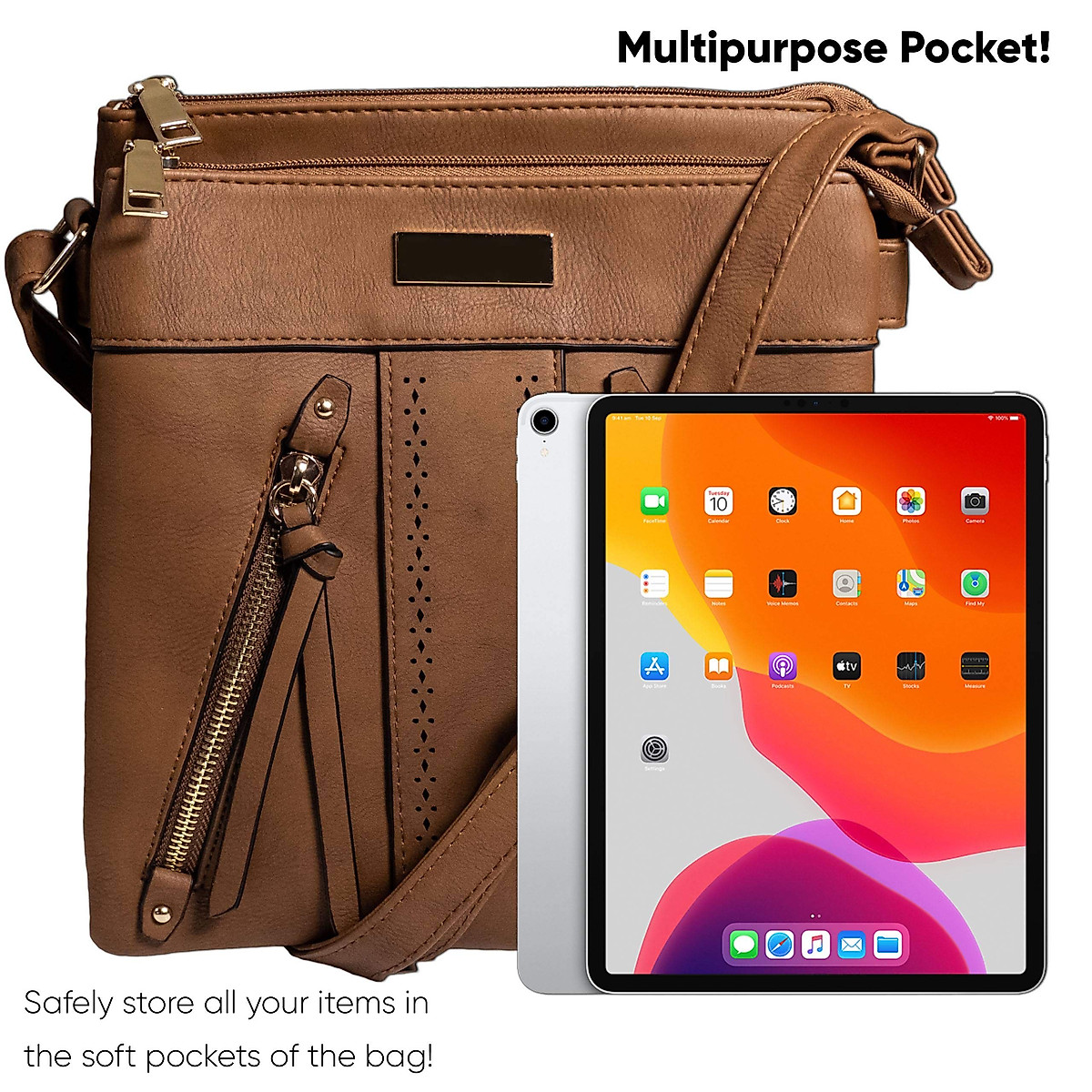 Multi-Pocket Crossbody Bags for Women, Lightweight Purses and Handbags, Vegan Leather Purses for Women with Tassel (Brown)