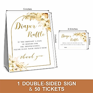 50 Diaper Raffle Tickets and 1 Self-standing Diaper Raffle Sign, Boho Pampas Grass Dried Flower Baby Gender Reveal Party Supplies, Gender Neutral Baby Shower Decorations - LBLK-009