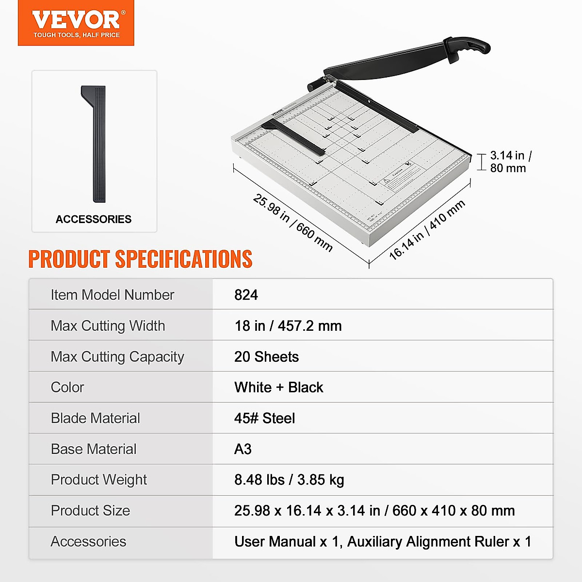 VEVOR Paper Cutter, Guillotine Trimmer, 18" Cut Length, 20 Sheets Capacity, Heavy Duty Guillotine Paper Cutter with Guard Rail/Blade Lock for Cardstock/Cardboard, Paper Trimmer for Home Office School