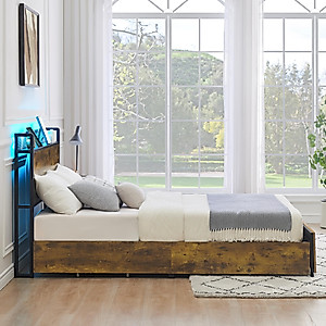 IDEALHOUSE Queen Bed Frame with Headboard, Metal Platform Bed Frame with 6 Storage Drawers, Queen Size Bed Frame with Charging Station & LED, Noise-Free, Wood Slats Support, No Box Spring Needed, Vint