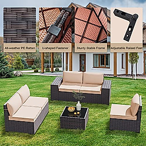 Grezone Patio Outdoor Furniture 13 Piece Set, All Weather Wicker Rattan Sofa for Backyard Lawn, Poolside Deck with Washable Cushions and Glass Coffee Table, Beige