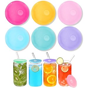 6 Pack Acrylic Lids for 16oz Glass Cups with Lids and Straws, Reusable Cups Replacement Covers Iced Coffee Cup/Beer Can Drinking Glasses with Bamboo Lids (Multicolor)