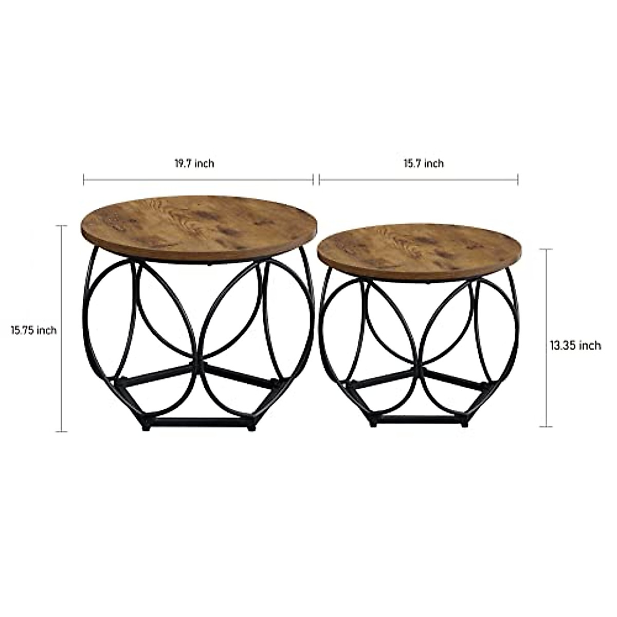 Round Coffee Table, Modern Coffee Table Set of 2 Wooden Surface with Metal Frame, Small Side Table, End Table for Living Room, Bedroom, Home Office, Farmhouse, Rustic Brown and Black