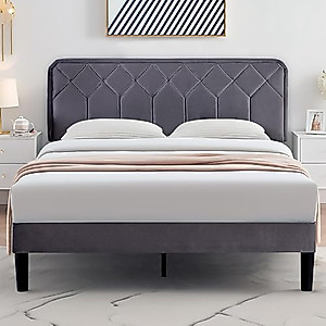 VECELO Queen Size Bed Frame Premium Upholstered Platform with Height Adjustable Headboard/Mattress Foundation Solid Wooden Slat Support, No Box Spring Needed/Easy Assembly, Dark Grey