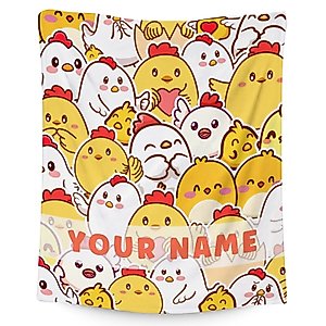 Custom Chicken Blanket Gifts with Name - 50x60 Inches Cute Throw Blanket for Girls & Boys - Yellow Soft Fuzzy Plush Blankets for Bed, Couch, Sofa