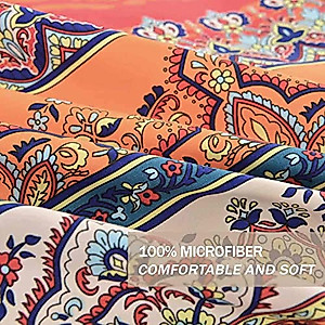 Nanko Queen Duvet Cover Set Boho Red Blue Colorful Retro Striped Print 3pc 90 x 90 Luxury Soft Microfiber Down Comforter Quilt Bedding Cover with Zipper Ties - Bohemian Exotic Style for Men and Women