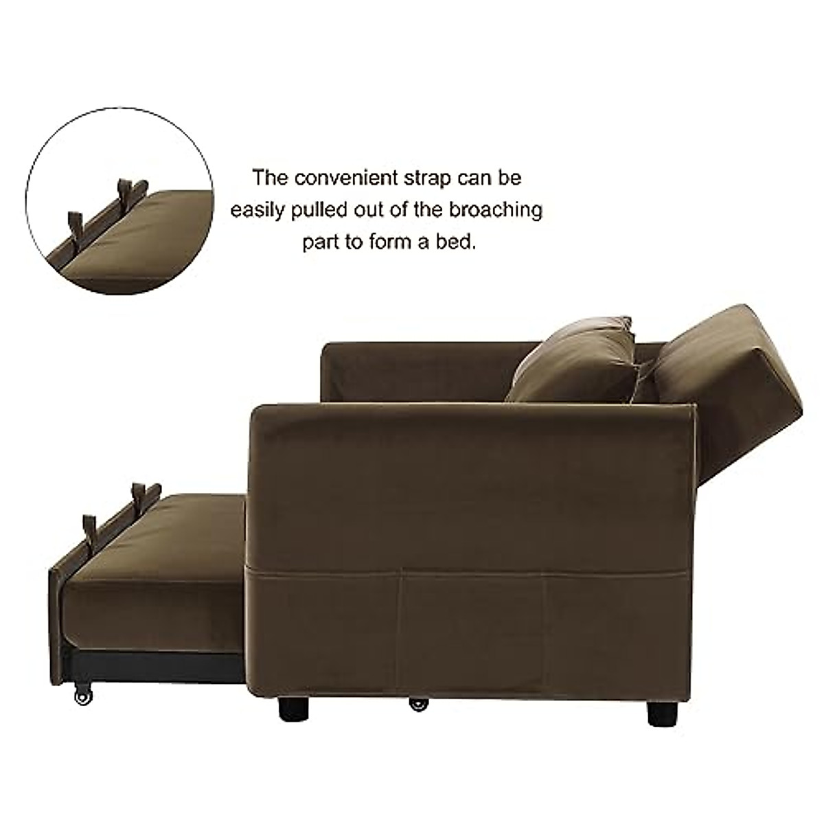 3 in 1 Convertible Sleeper Sofa Couch Bed Pull Out Couch Velvet Sofa Futon with 2 Lumbar Pillows and Adjustable Backres,Love Seat Bedroom Furniture for Small Places,Living Room,Apartment,Light Brown