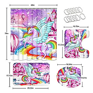 4 Pcs Unicorn Kids Shower Curtain Set with Memory Foam Bath Mat, Non-Slip Bathroom Rugs and Toilet Lid Cover, Waterproof Pink Rainbow Shower Curtain with Hooks, Kawaii Girls Kids Bathroom Decor Sets