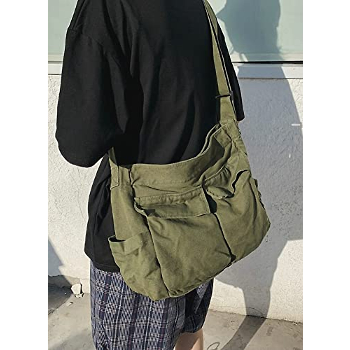 Women Men Canvas Messenger Bag Large Hobo Bag with Multiple Pockets Canvas Crossbody Shoulder Bag Messenger Tote Bag Handbag
