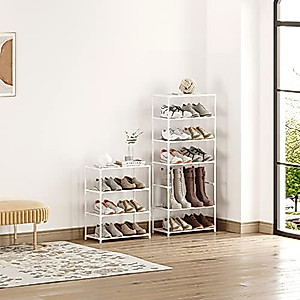 Vockot Small Shoe Rack 6-8 Pairs Sturdy Shoe Shelf 4-Tiers Narrow Stackable Shoe Organizer,Lightweight Kids Shoe Racks for Entryway, Doorway and Closet（White）