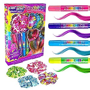 Fashion Angels Care Bear Hair Day Scrunchie and Hair Chox Set, Creative Gifts for Girls, Includes 4 Care Bears Printed Hair Scrunchies and 4 Temporary Hair Chalk Pens, for Ages 6 and Up