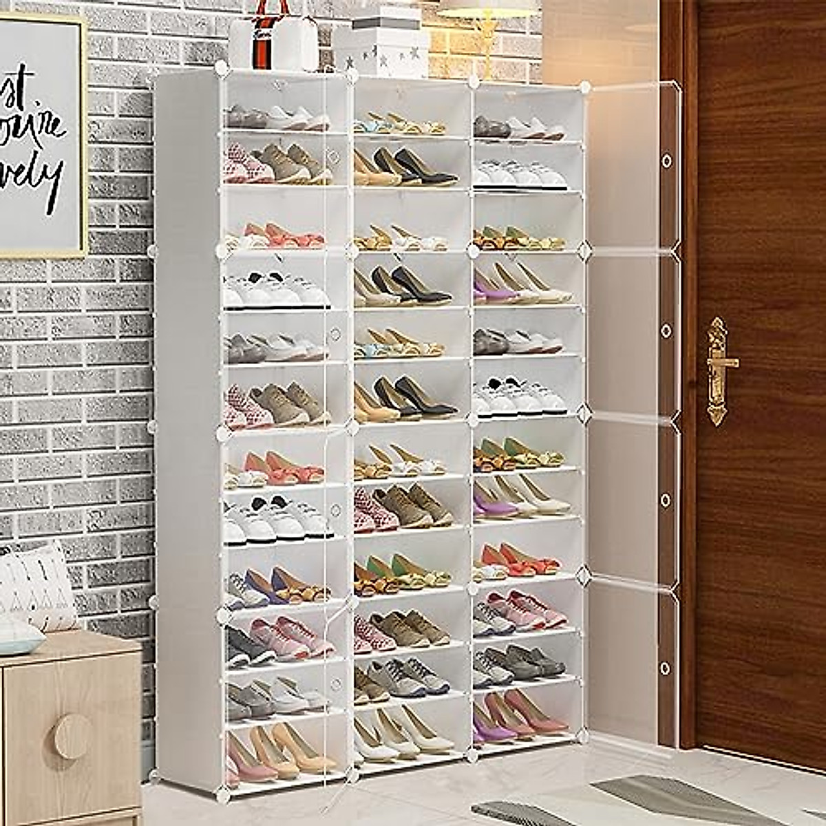 DYRABREST Portable Shoe Rack Enclosed Shoe Organizer, 72 Pairs DIY Shoe Cabinet, White Plastic Closet Shoe Organizer with Transparent Door, Free Standing Shoe Rack Expandable for High Heels, Boots