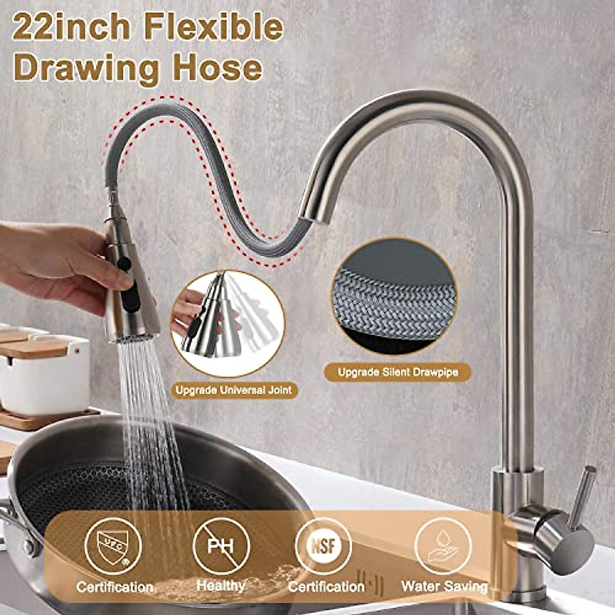 Upgrade Pull Down Kitchen Sink Faucet - Single Handle Kitchen Faucet with Sprayer,Commercial Low Lead High Arc with Deck Plate,Stainless Steel Brushed Nickel