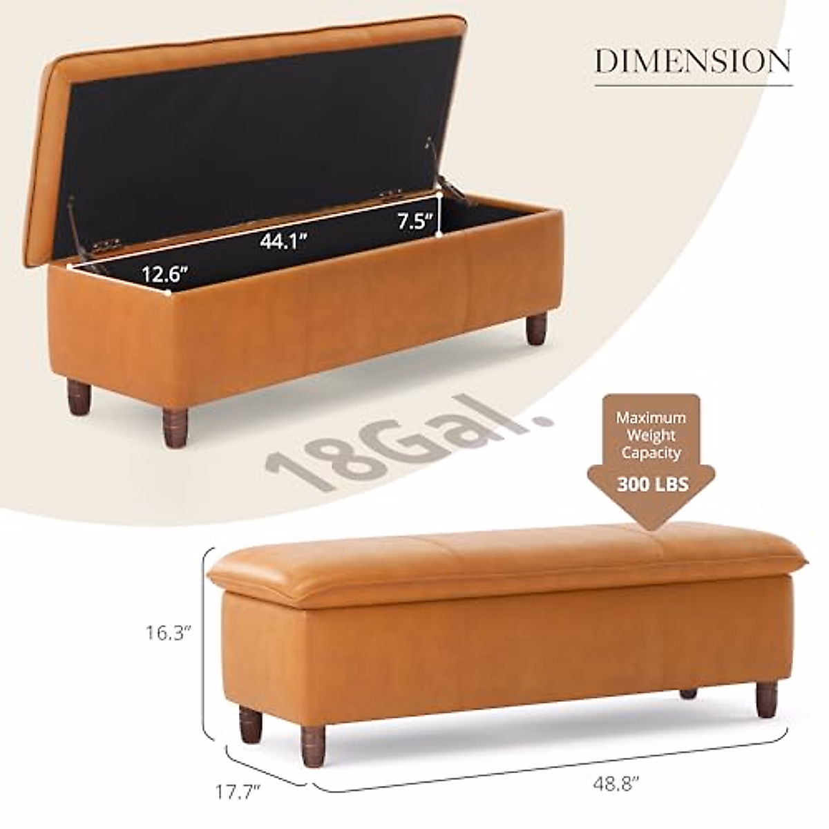 LUE BONA Storage Ottoman Bench, 49" Brown Faux Leather Storage End of Bed Bench, Modern Upholstered Window Bench with Thicker Seat/Nailhead Trim/Safety Hinge for Bedroom, Living Room, 300LB