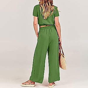 Sruiluo Women Solid Workout Tracksuits Casual Scoop Neck Crop Top Tee with Pockets High Waist Palazzo Pants Yoga Pilates