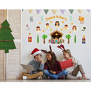WaaHome Jesus is Born Christian Bulletin Board Decorations Set 38pcs Religious Nativity Scene Cutouts Birth of Jesus Bulletin Board Borders for Kids Christmas Sunday School Classroom Decorations