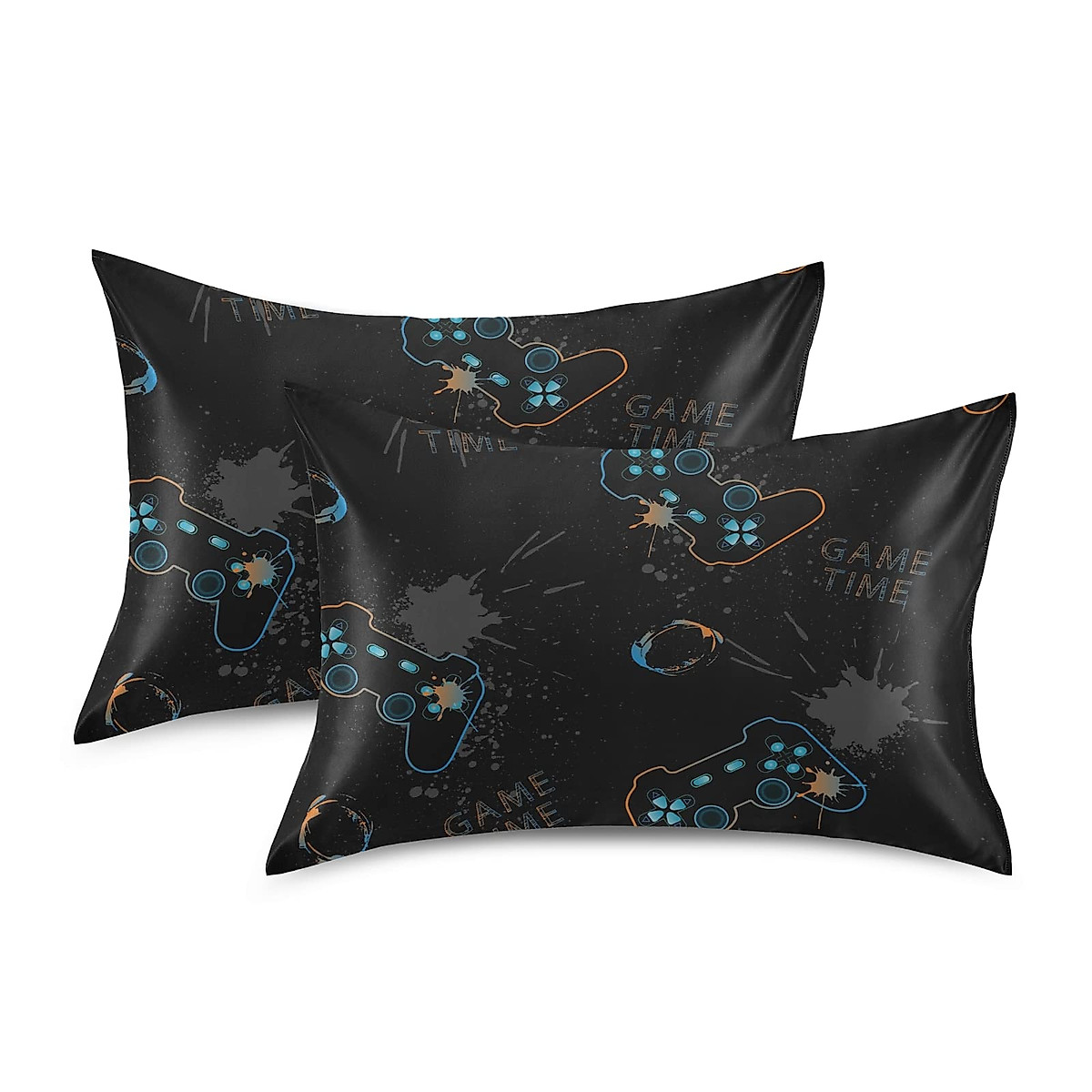 Oyihfvs Seamless Video Game Gamepad Joysticks in Black Blue Neon on Black Silky Satin Pillowcase for Hair and Skin, Soft Bed Pillow Cover, Decorative Silk Pillow Cases, Standard Size 20x26 inches