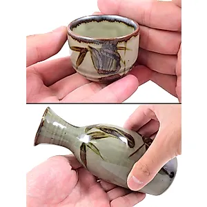 Product of Gifu Japan Mino Ware Traditional Japanese Sake Set, Tokkuri Bottle and 4 Ochoko Cups, Green Mashikodake