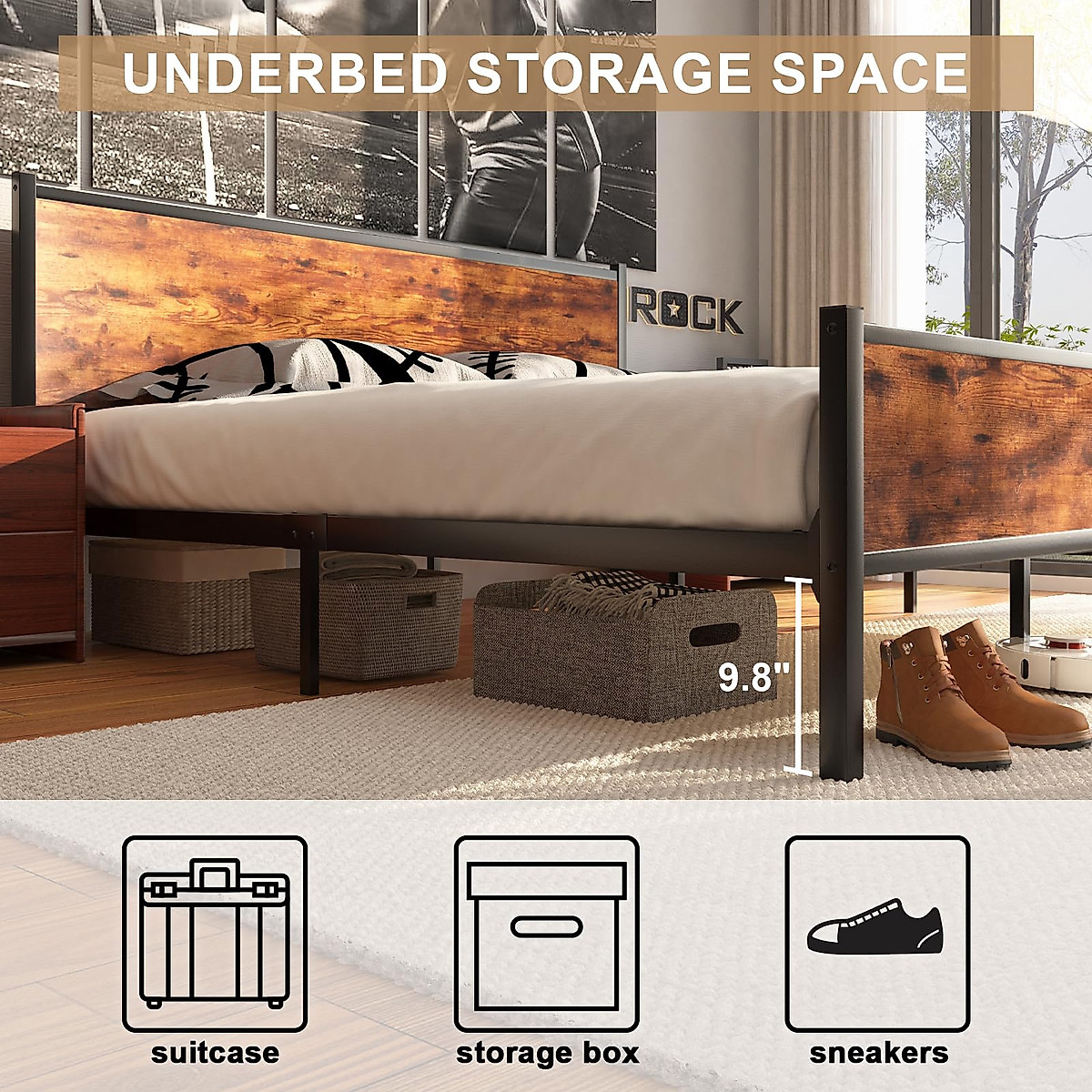 Wokerwie Full Size Wood Platform Bed Frame, with Retro Wooden Headboard and Footboard, Stable Metal Frame Support, No Box Spring Needed, Large Under Bed Storage, Easy Assembly, Noise Free, Brown