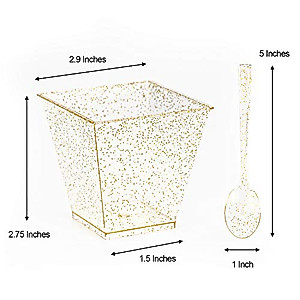 Tebery 100 Pack 8oz Gold Glitter Medium Plastic Dessert Cups With 100 Spoons Square Dessert Bowls for Tasting Party Desserts Appetizers